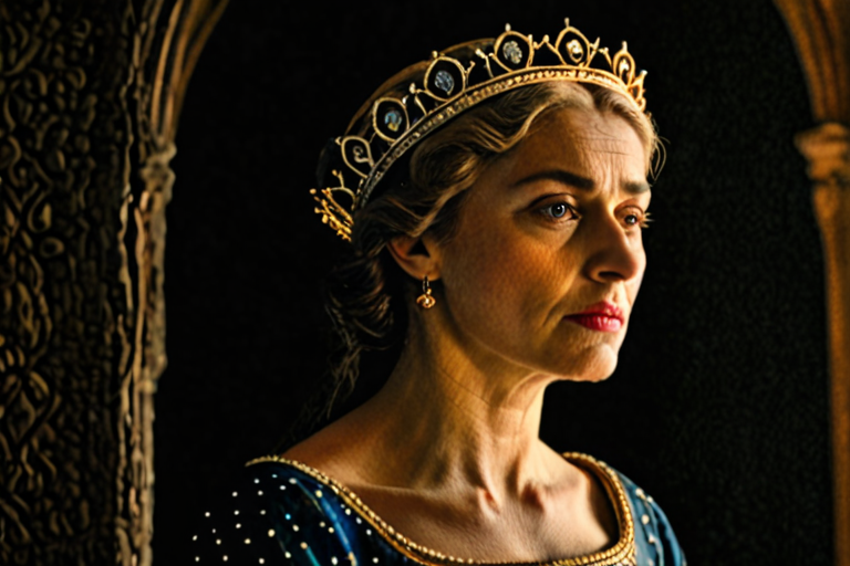 medieval queen looking downward in a dark room