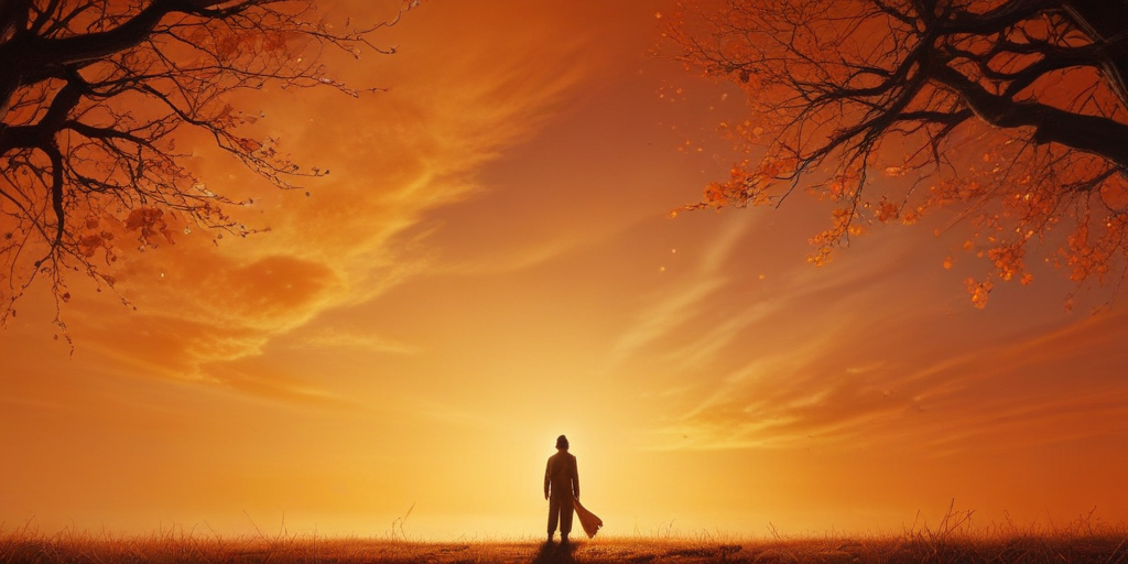 Silhouetted Figure Standing Alone Beneath a Vibrant Orange Sunset Sky