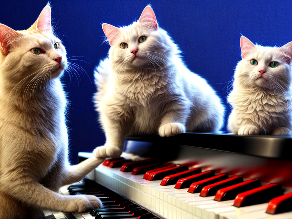 white cat with paws on a piano and singing on stage with a microphone ...