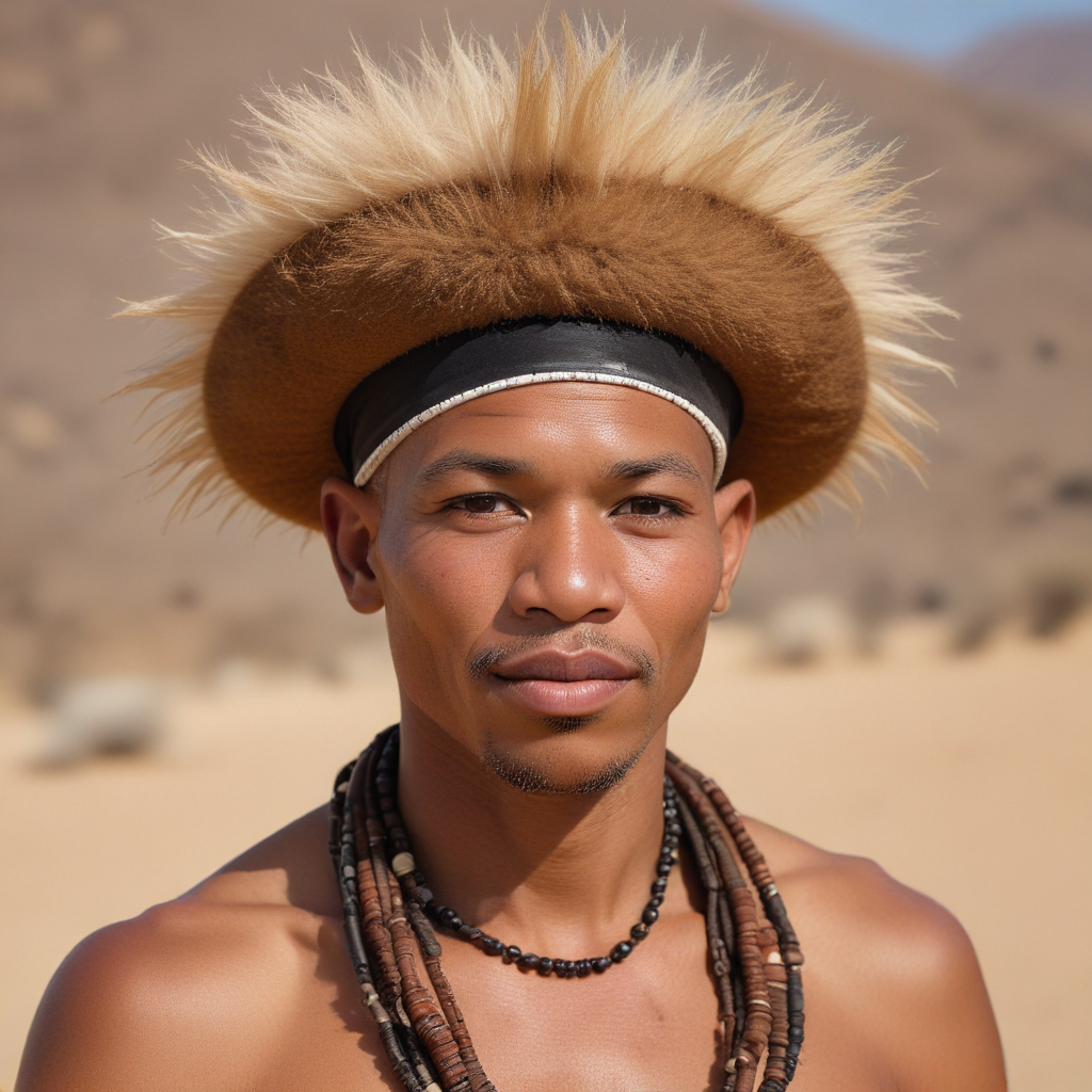 bald khoisan man with traditional hat