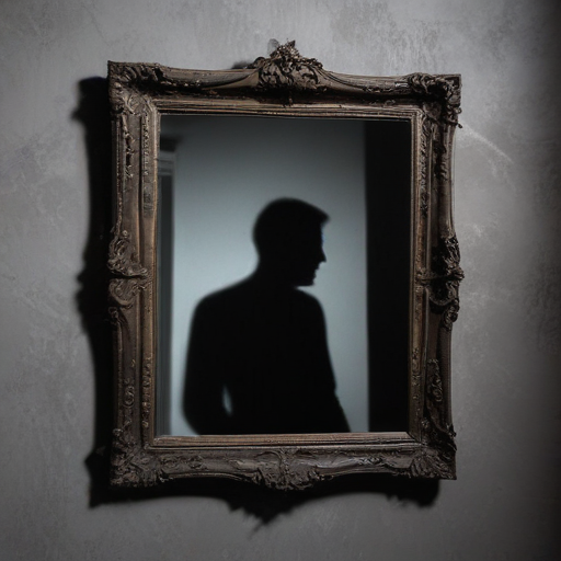 an old mirror reflecting a dark, creepy, human-like shadow