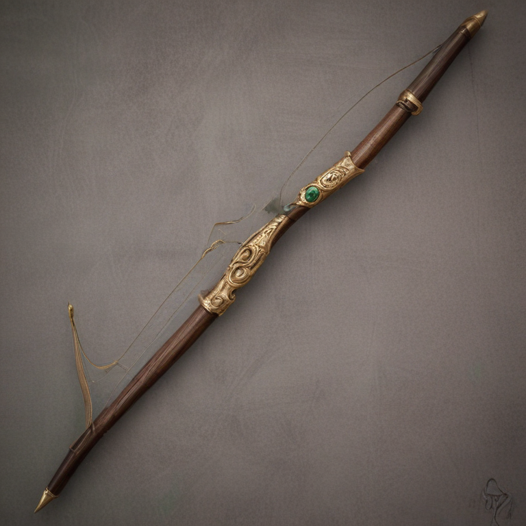 elven bow made of dark wood, runes, gold and emeralds, no people, just ...