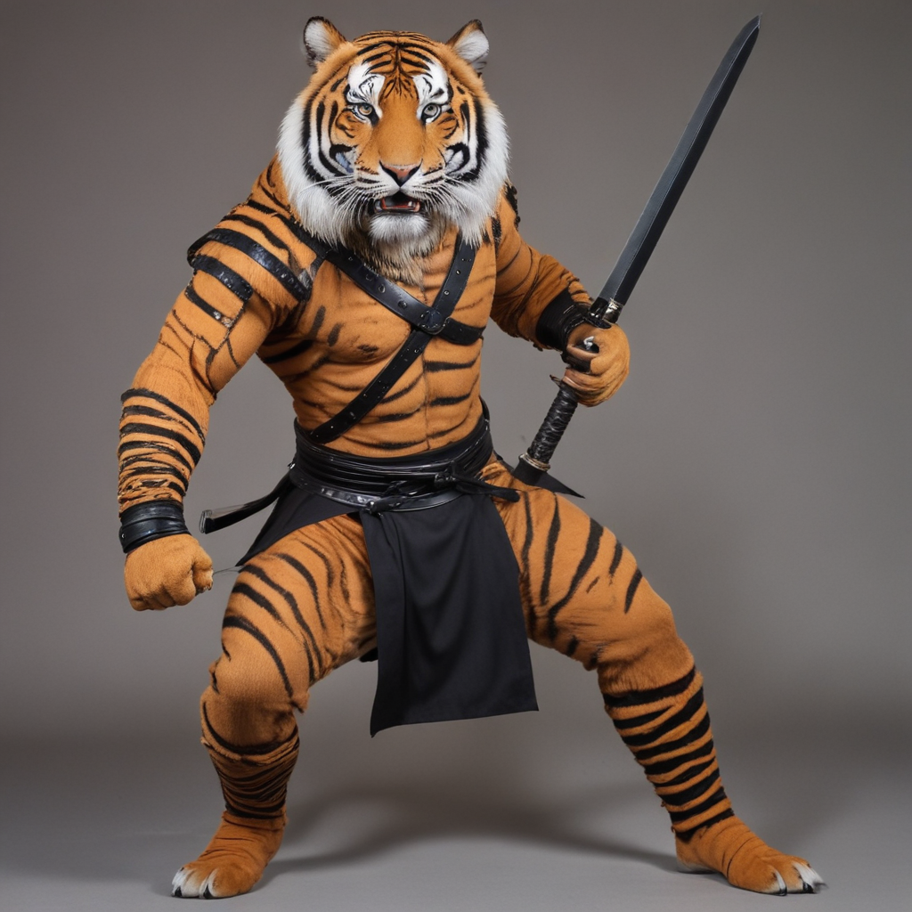 tiger man warrior holding a black saber