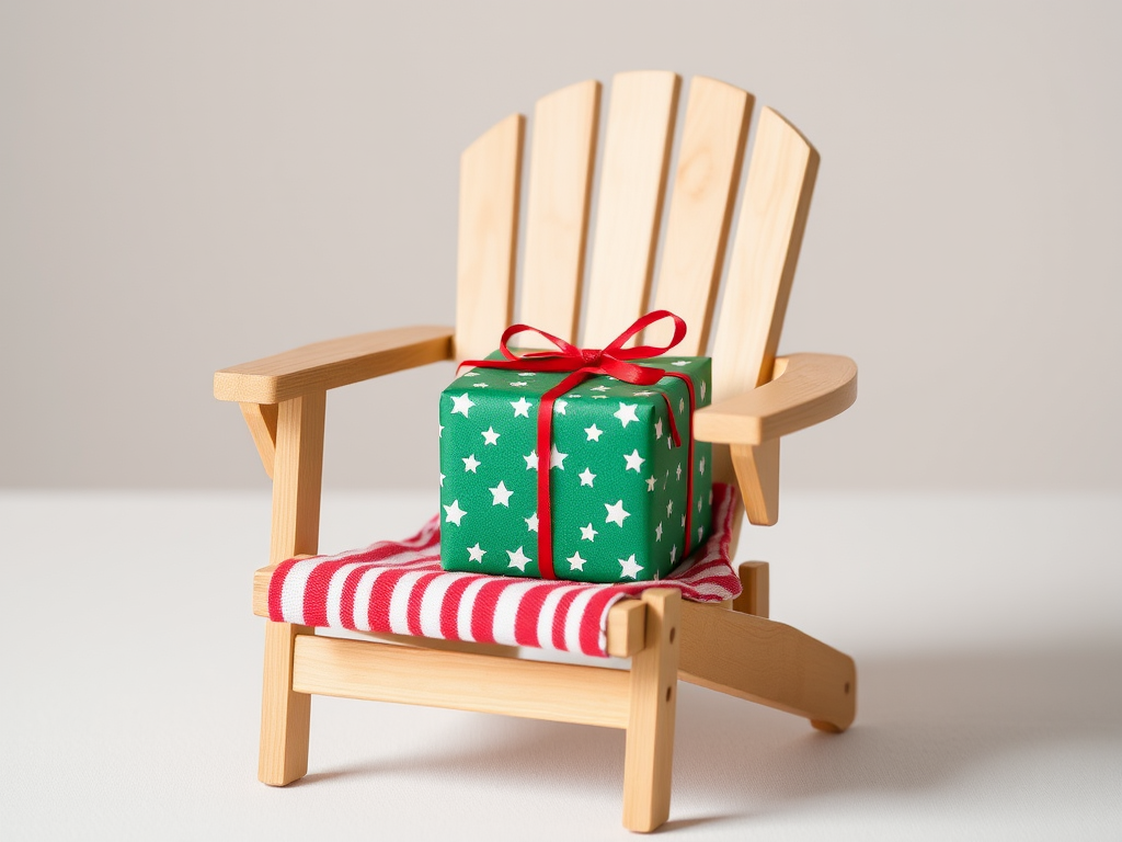 A Cozy Miniature Chair with a Festively Wrapped Gift on It.