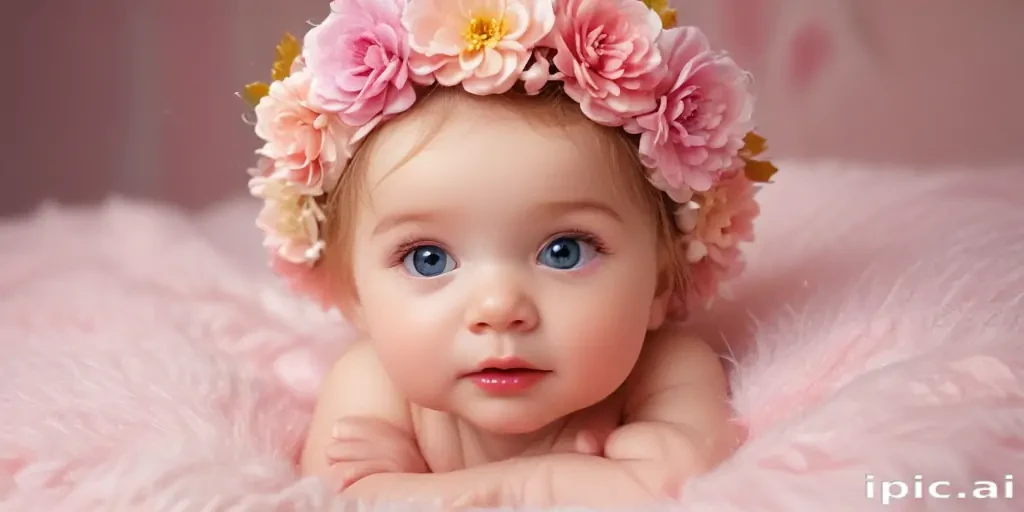 Adorable Baby with Blue Eyes and Floral Crown on Soft Blanket