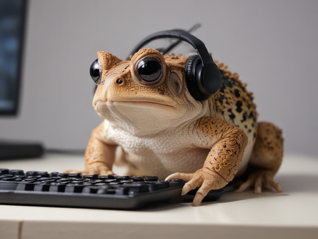 A toad with gaming and headset and pc keyboard