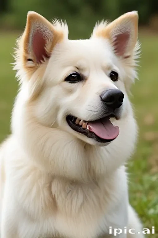 A Joyful White Dog with Fluffy Ears Enjoying a Sunny Day Outdoors
