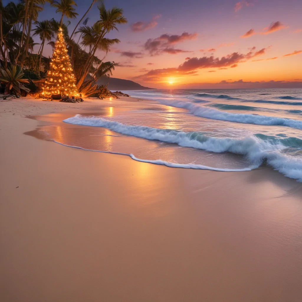 Serene Beach Sunset with a Festively Decorated Christmas Tree Nearby
