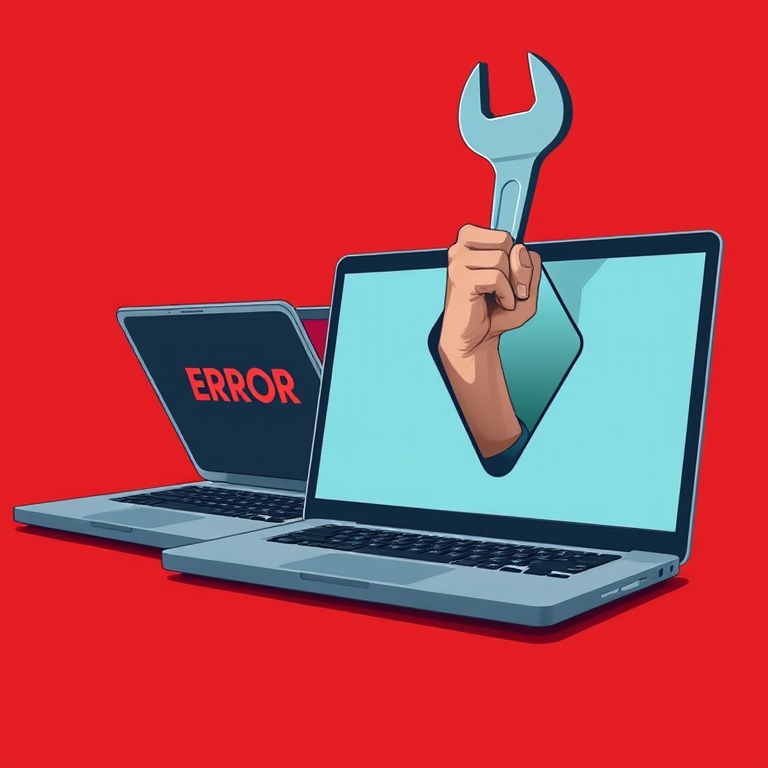 Fixing Computer Errors: A Hand with a Wrench Emerges from Laptop Screen