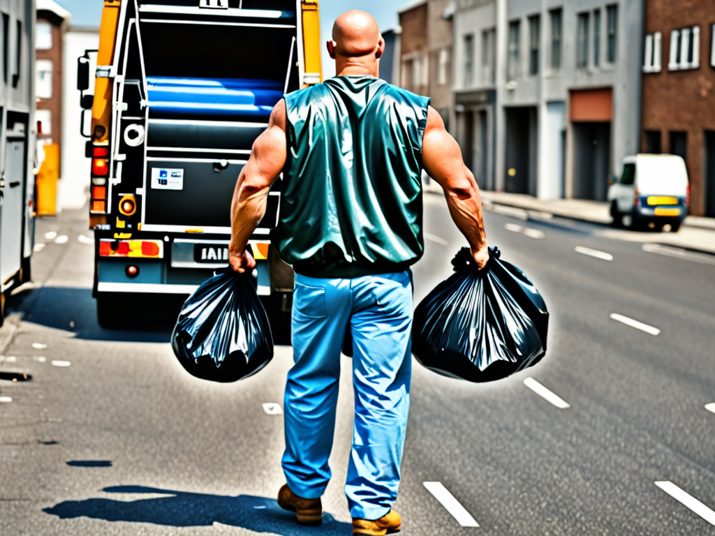 realistic handsome muscular bald garbagemen from behind carrying black ...