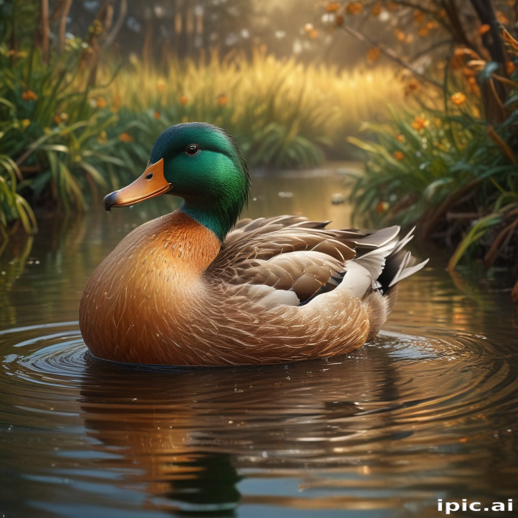 A Majestic Duck Gliding Gracefully Through a Serene Pond Landscape.
