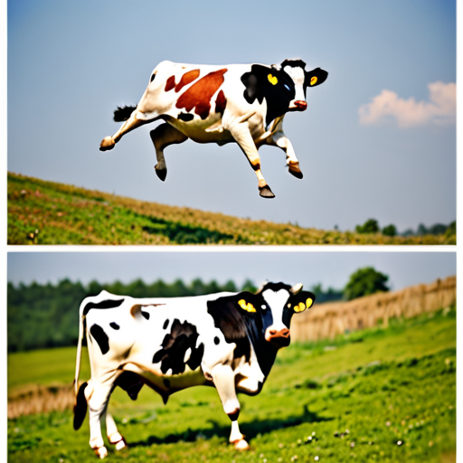 A cat flying on a cow