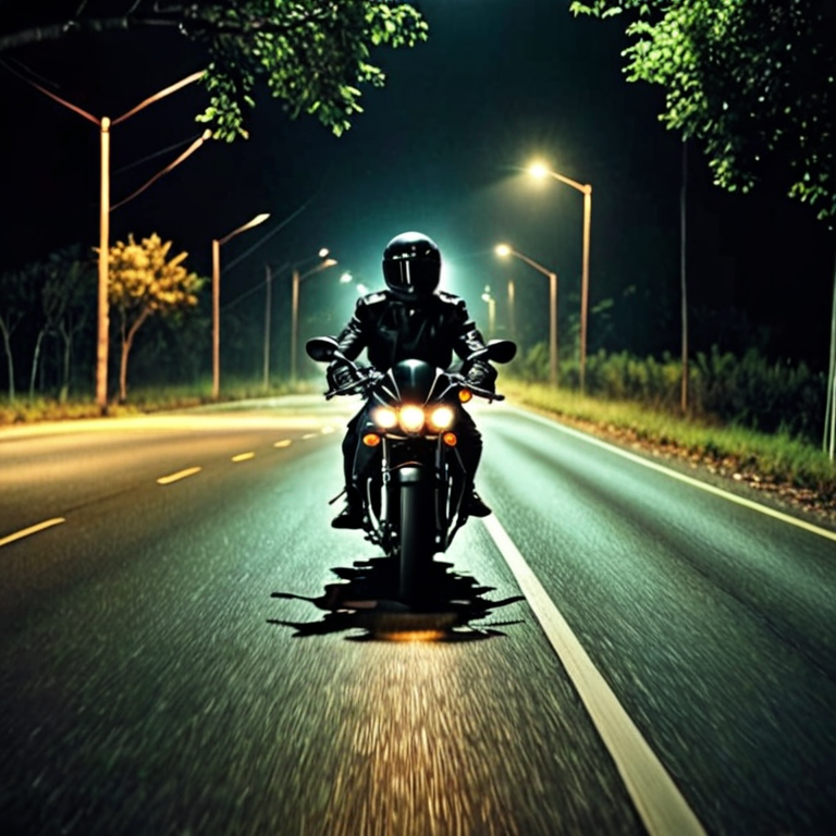 Man riding motorcycle alone on a long road in the night , horror