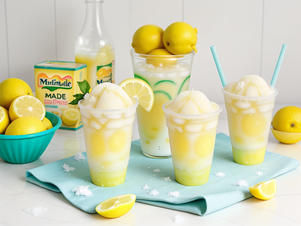 Refreshing Summer Lemonade Slushies Served in Colorful Cups with Garnishes.