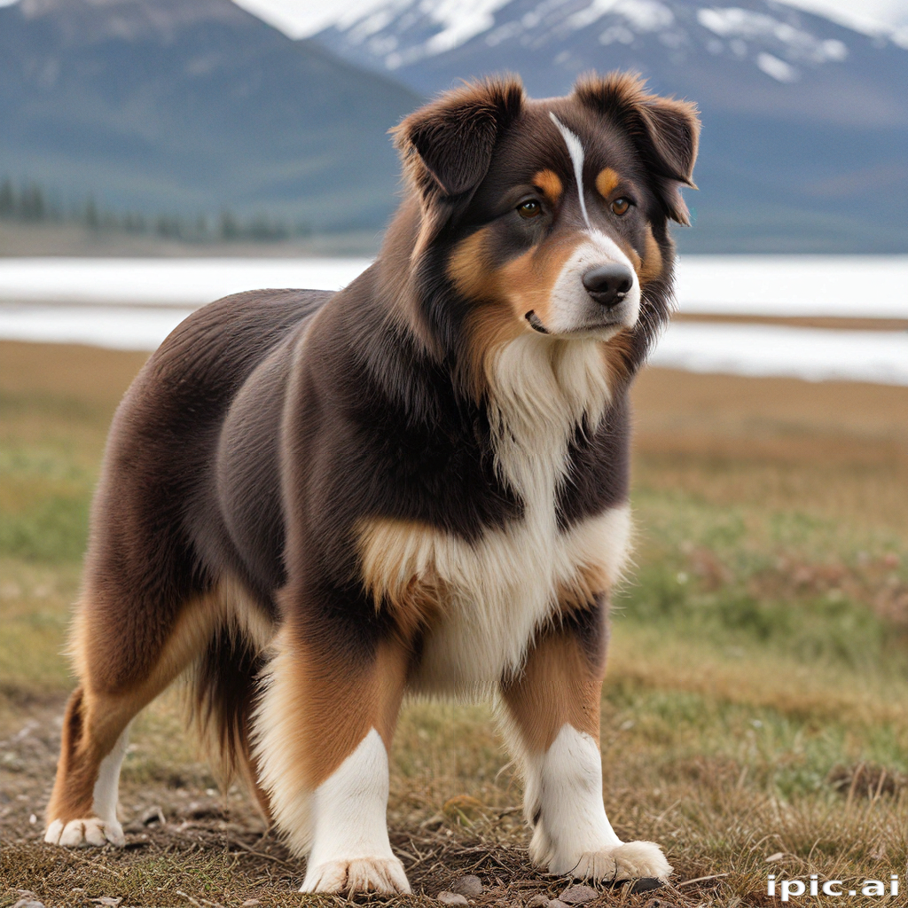 A Majestic Dog Stands Proudly Against a Scenic Mountain Backdrop.