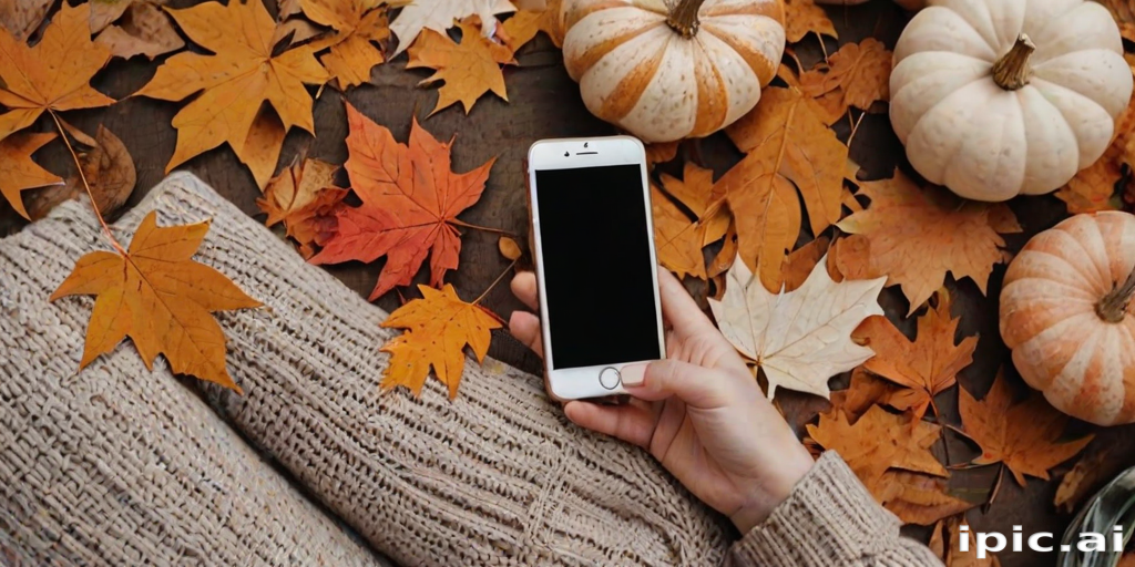 Cozy Autumn Vibes with a Smartphone Amidst Colorful Leaves and Pumpkins