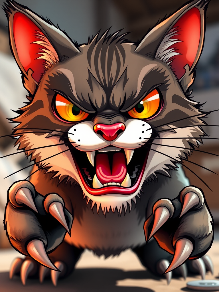 Regenerate a highly detailed illustration of an angry cartoon cat with ...