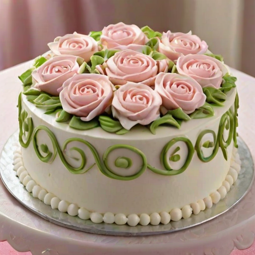 Delicate Pink Rose Cake Adorned with Elegant Swirls and Green Leaves