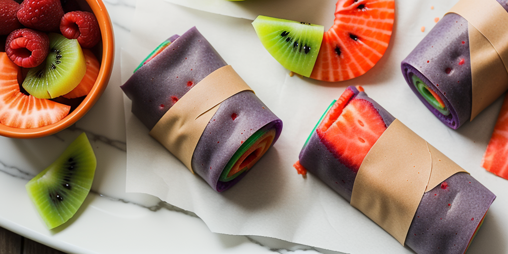 Colorful Fruit Leather Rolls Wrapped in Natural Paper with Fresh Fruit ...