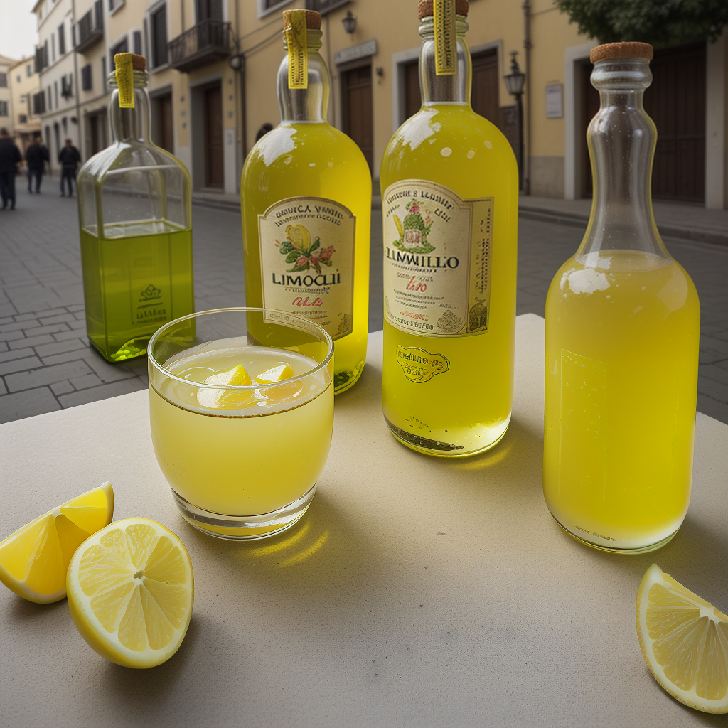 Refreshing Limoncello Bottles Surrounded by Fresh Lemons and Citrus Leaves