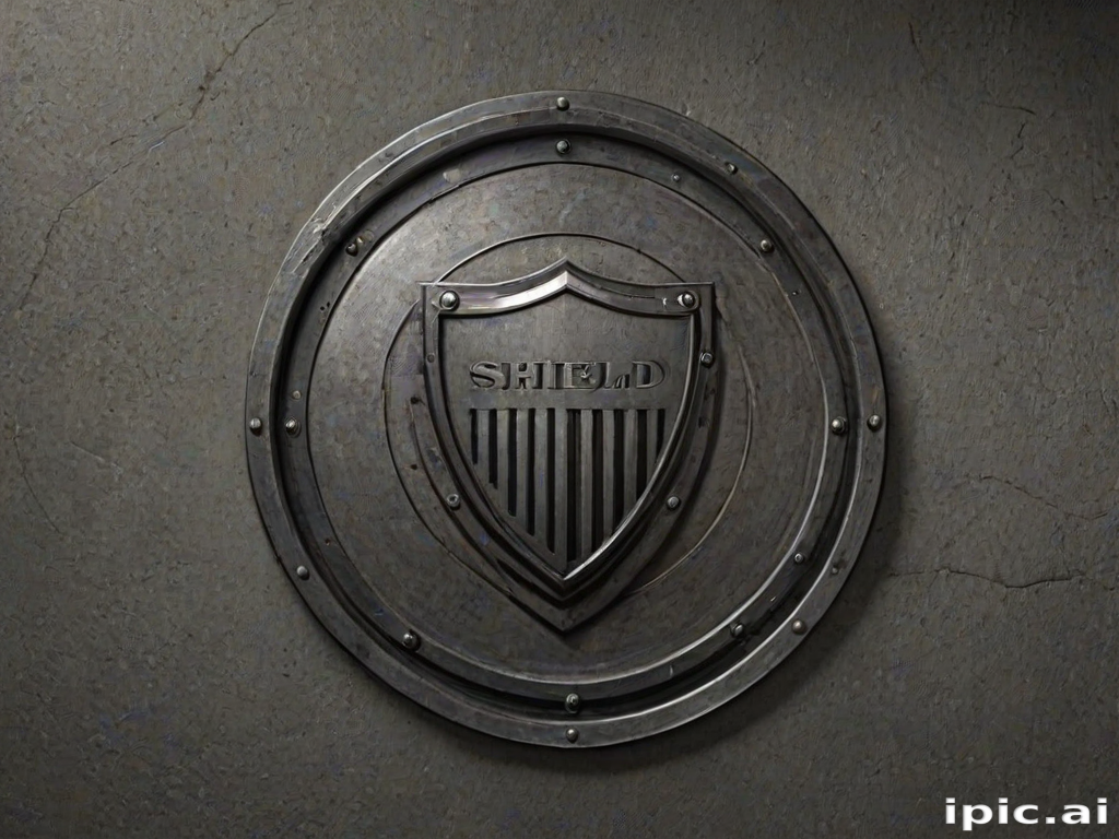 Metal Shield Emblem with Text on a Textured Wall Background