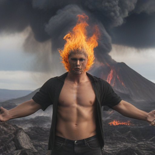 a half-man half-phoenix rising from an erupting volcano and giving the ...