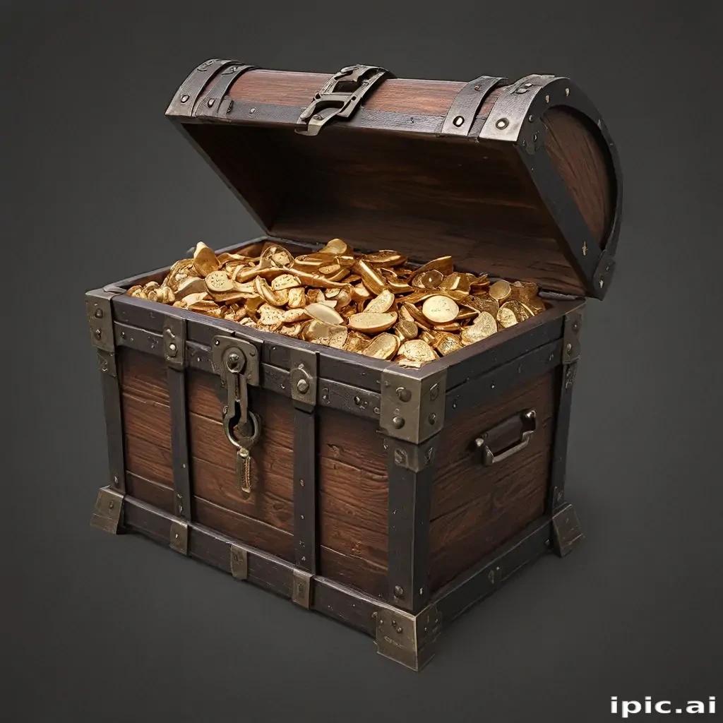 An Impressive Wooden Treasure Chest Overflowing with Gleaming Gold Coins