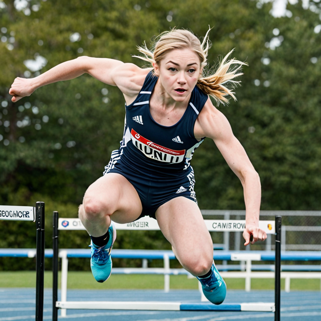 Emily Kinney jumping hurdles, view from side