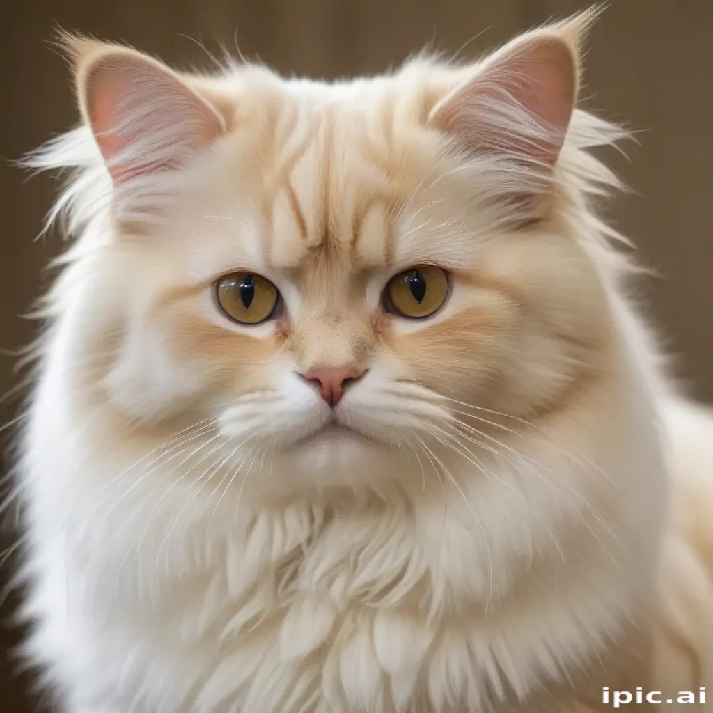 A Fluffy Cream-Colored Cat with Striking Golden Eyes Poses Gracefully.