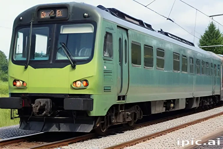 Modern Green Train Traveling Along Scenic Tracks Through Lush Landscape