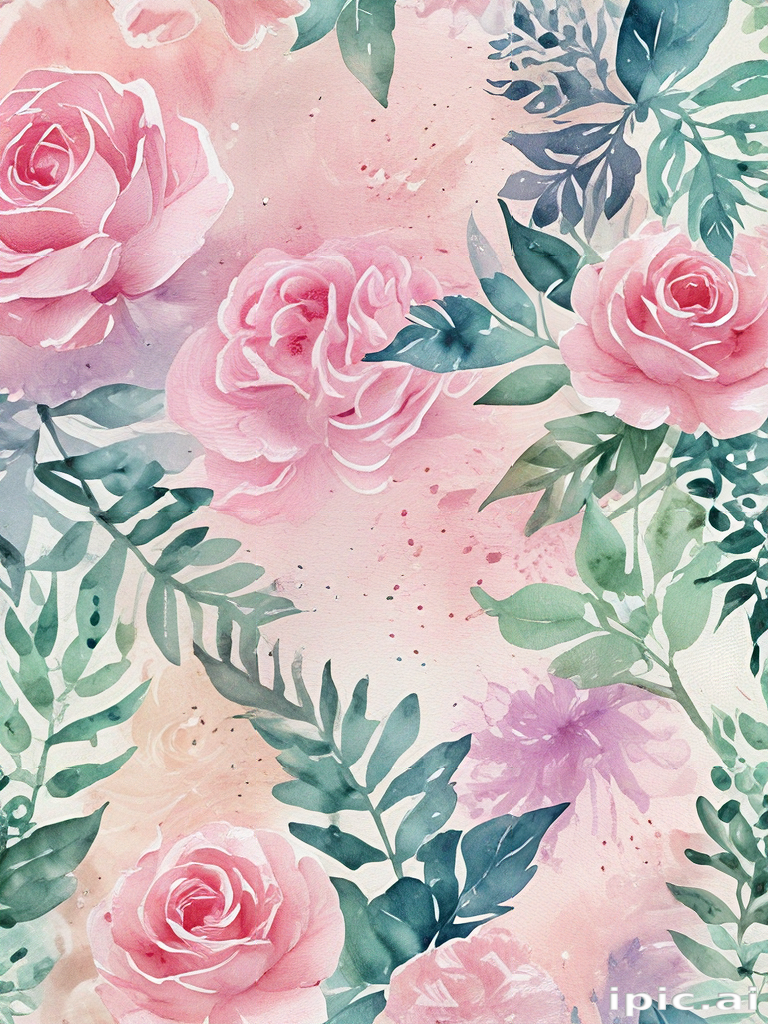Delicate Watercolor Floral Pattern Featuring Soft Pink Roses and Greenery