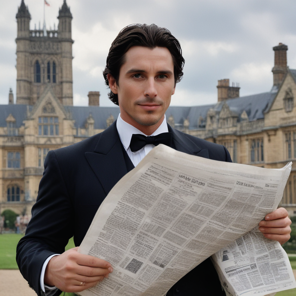 Christian Bale as bruce wayne in tuxedo, muscle, with a newspaper ...