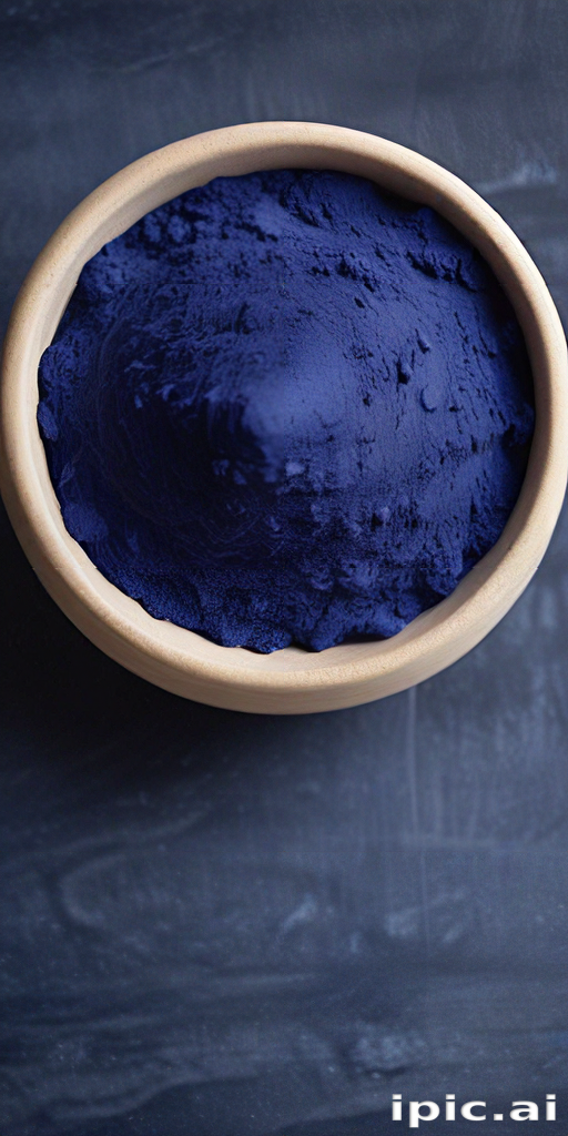 Vibrant Blue Powder in a Rustic Bowl on a Dark Background.
