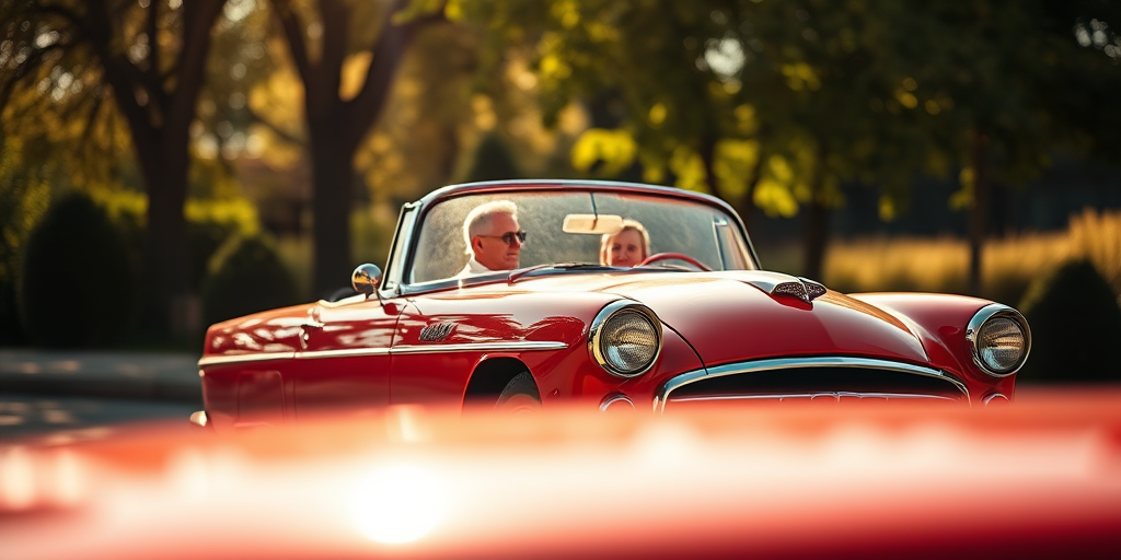 A Classic Red Convertible Car with Two Happy Passengers Enjoying a ...
