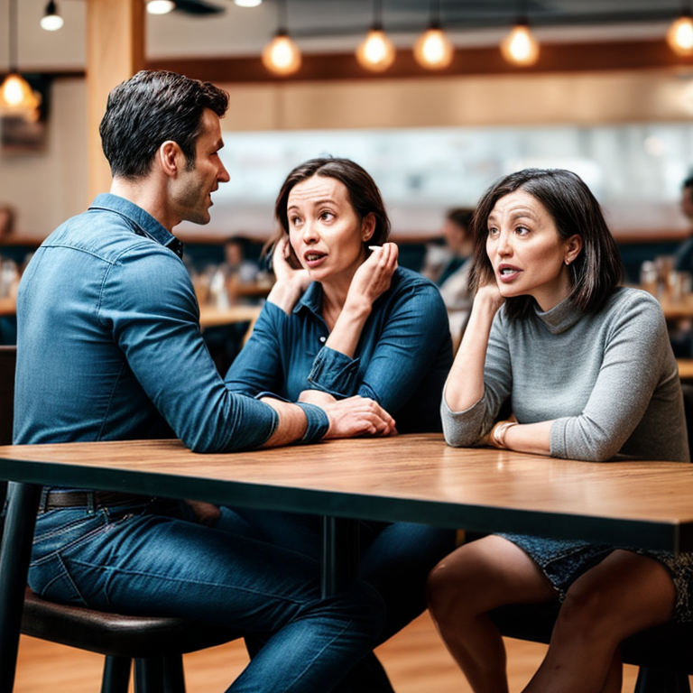 A couple in their 30s, a man and a woman, are sitting in a restaurant ...