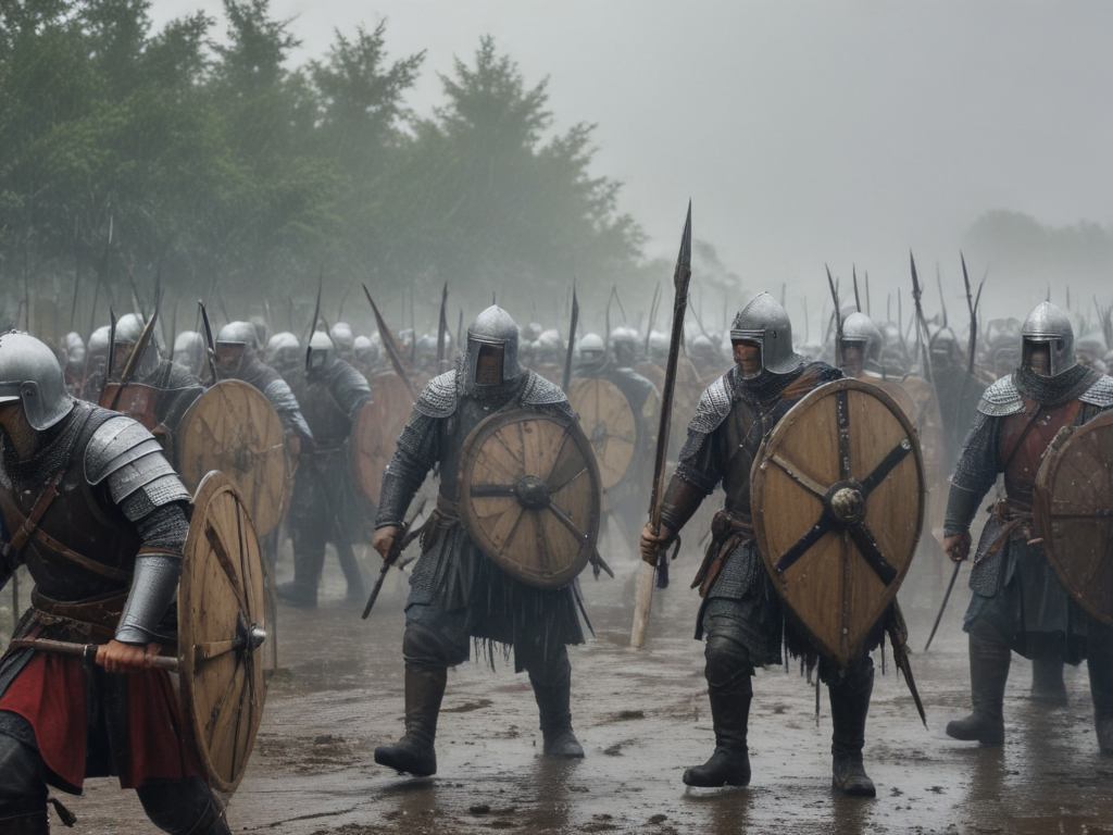 Medieval fantasy army battle in the cost in a rainy day