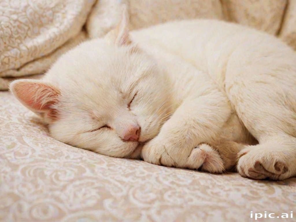 Adorable White Cat Peacefully Sleeping on Cozy Soft Blanket