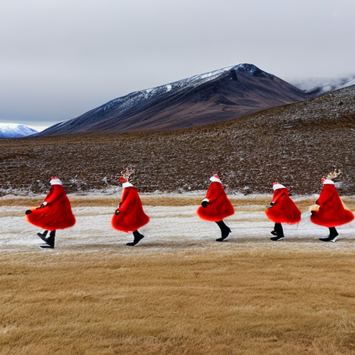 santa with elves and reindeer exercising in north pole