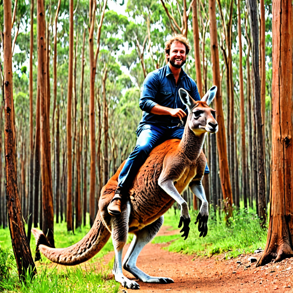 forest man riding on a kangaroo