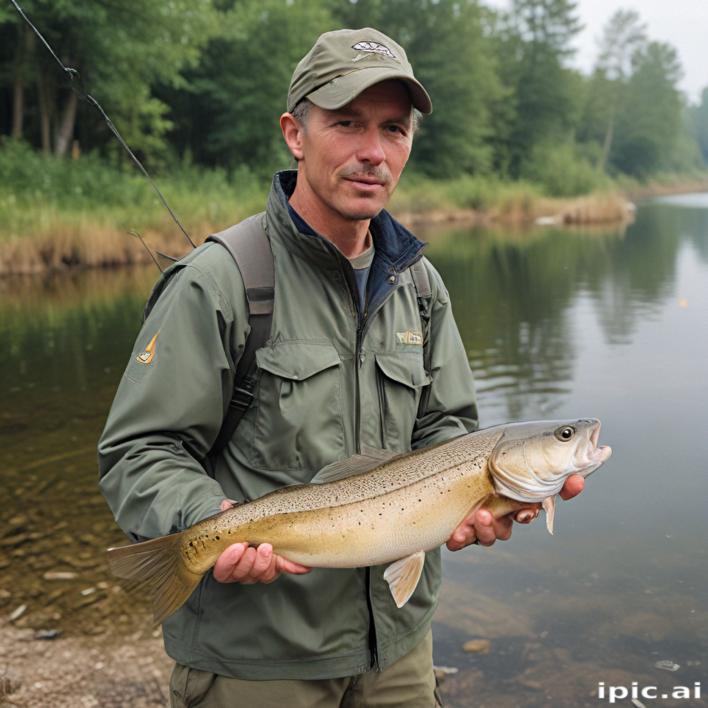 Angler Proudly Displays His Impressive Catch by the Tranquil River