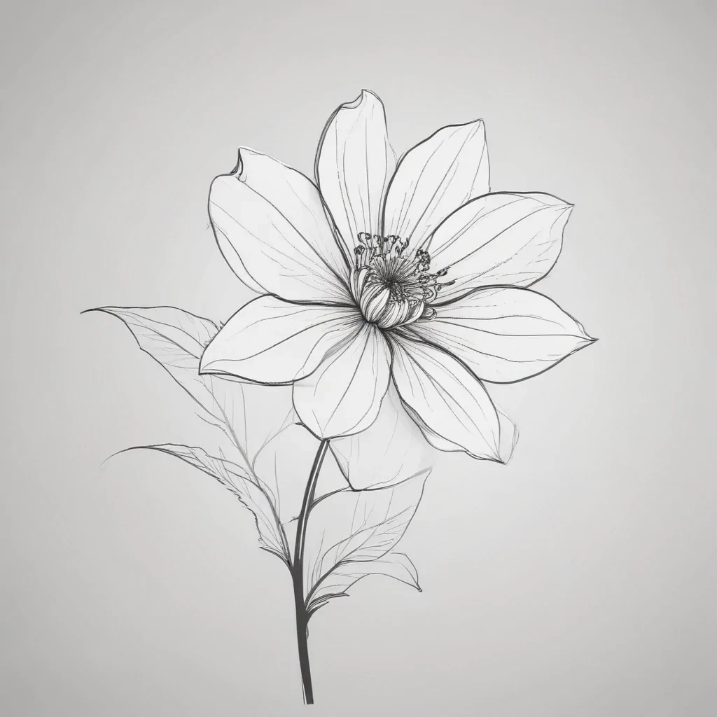 Delicate Line Art of a Single Flower with Detailed Petals and Leaves