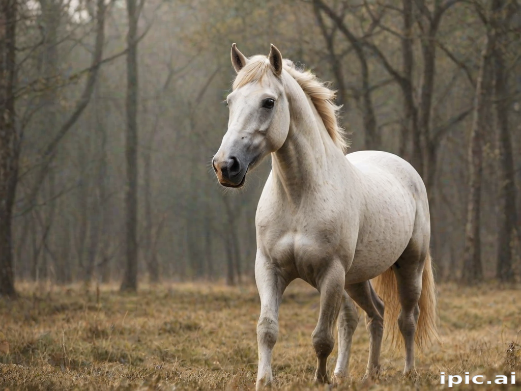 A Majestic White Horse Gracefully Walking Through a Serene Forest Landscape
