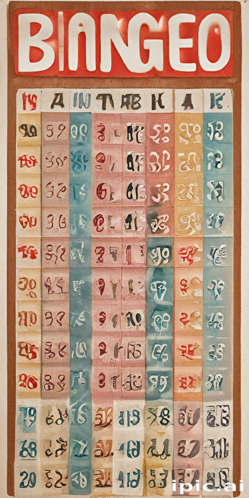 Colorful Bingo Card Featuring Unique Numbers and Artistic Design Elements