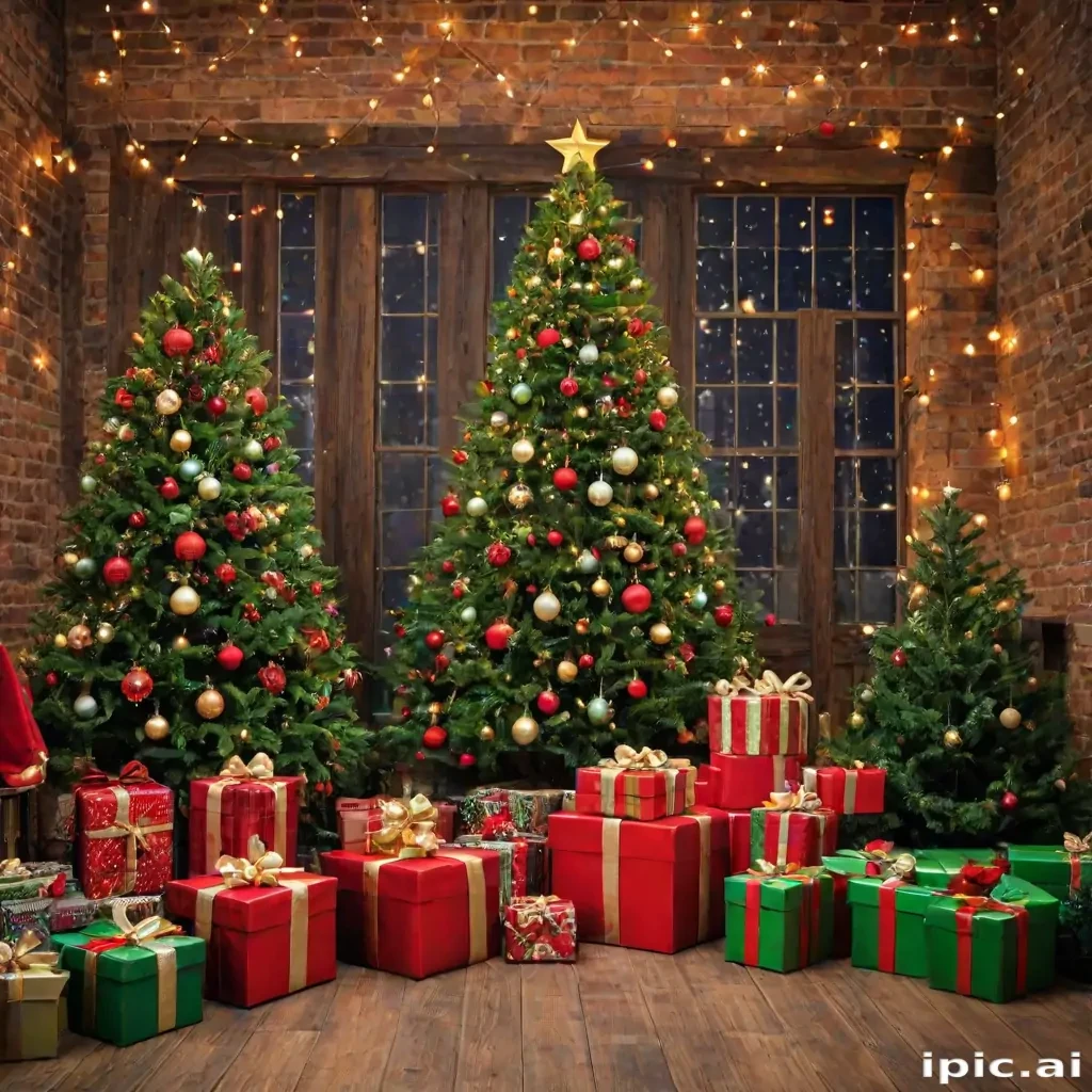 A Cozy Holiday Scene with Beautifully Decorated Christmas Trees and Gifts