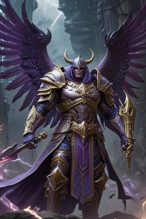 Stormcast Eternal with wings, dark fantasy art, purple armor