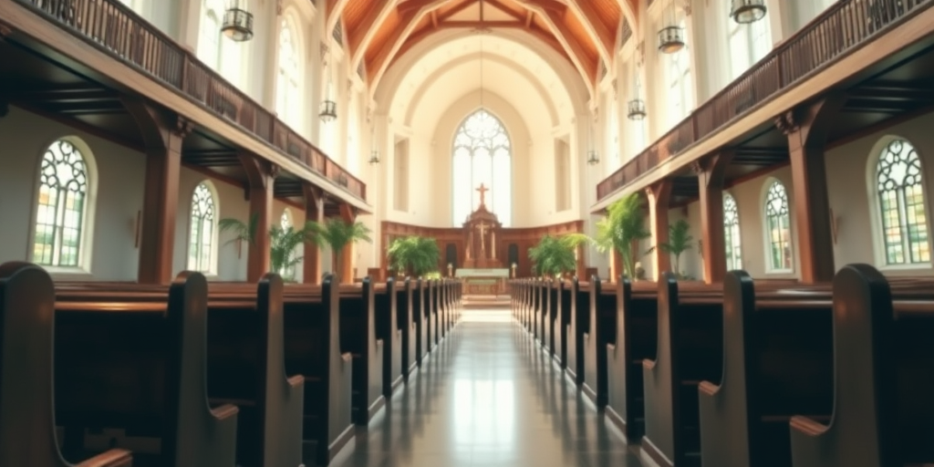 Serene Interior of a Beautifully Designed Church with Wooden Pews