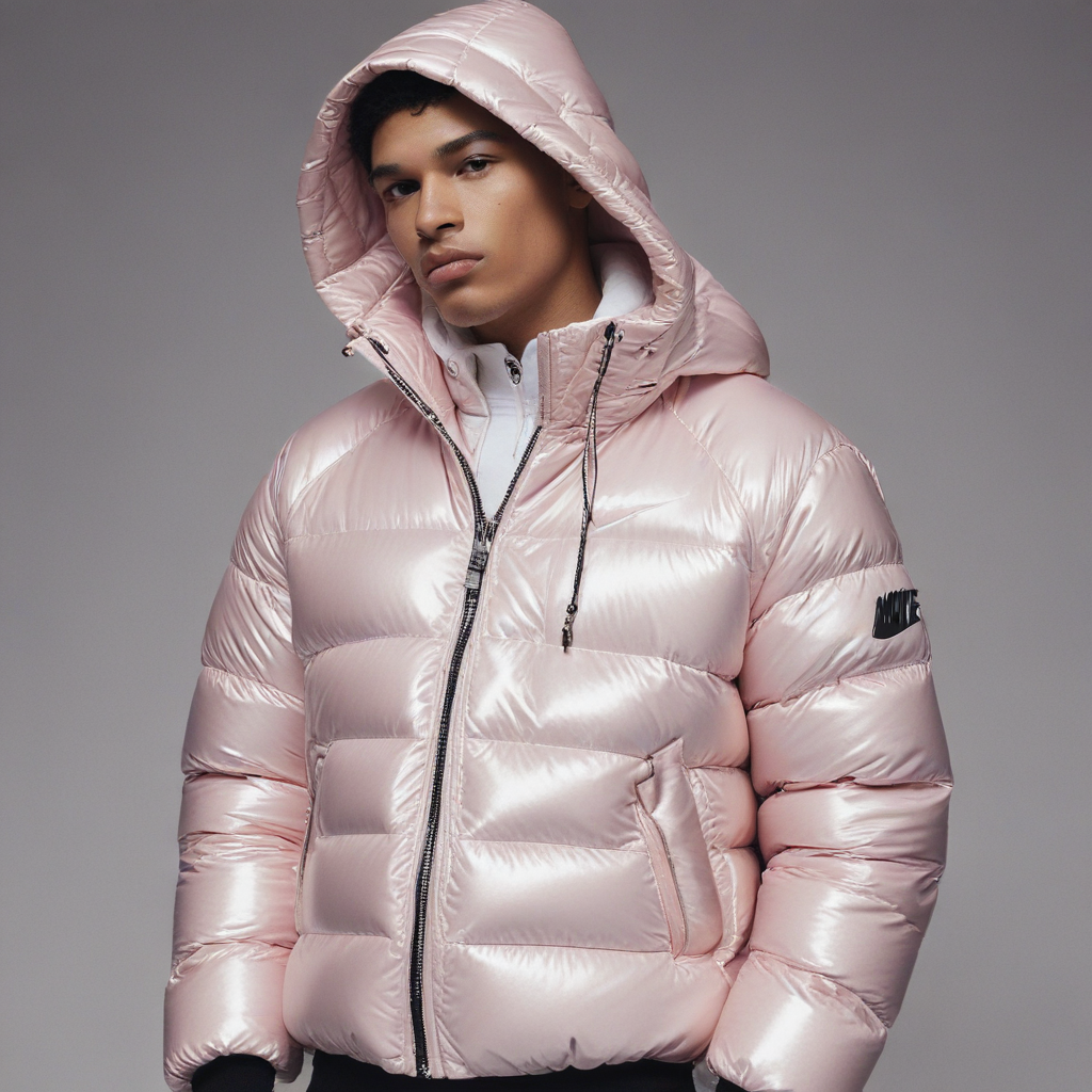 Male supermodel nike shiny puffer jacket bling jewellery hood