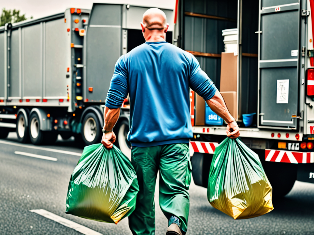 realistic handsome bald muscular garbagemen from behind carrying ...