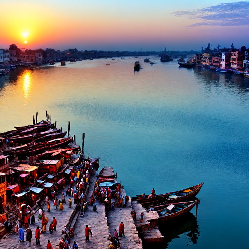 A animated scene of sunset on the ghat of Varanasi