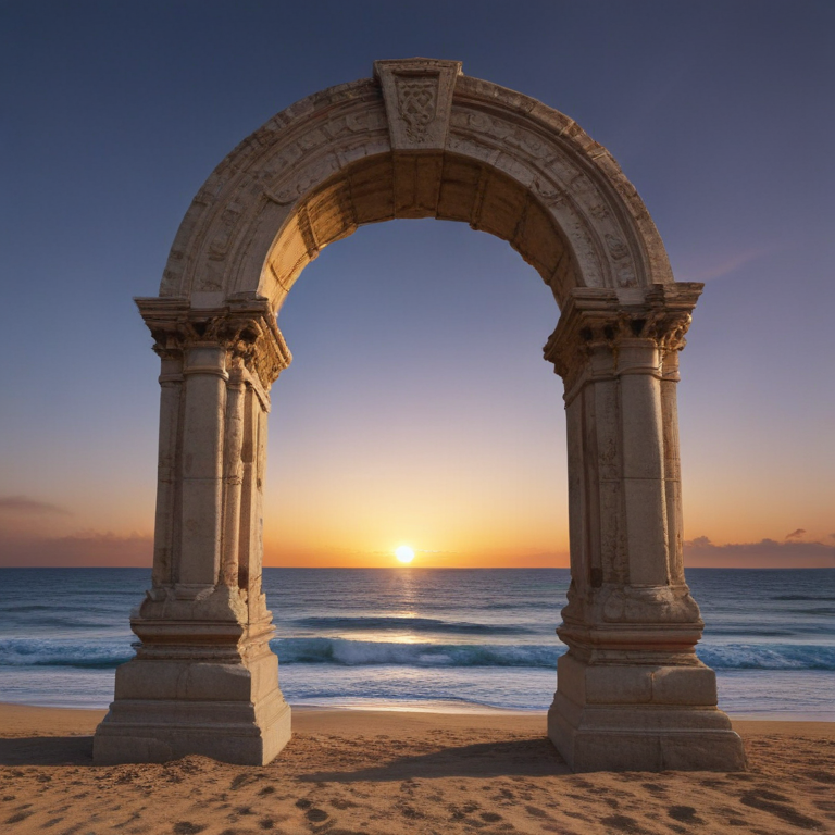 Majestic Stone Archway Framing a Vibrant Sunset Over Tranquil Ocean Waves
